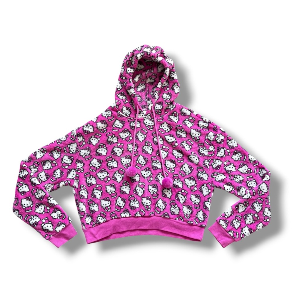 Hello Kitty Medium Cropped Fuzzy Pink Hoodie With Pom… - Gem